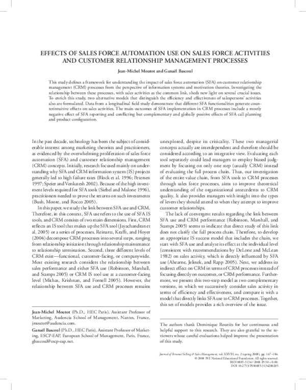 Pdf Effects Of Sales Force Automation Use On Sales Force Activities And Customer Relationship