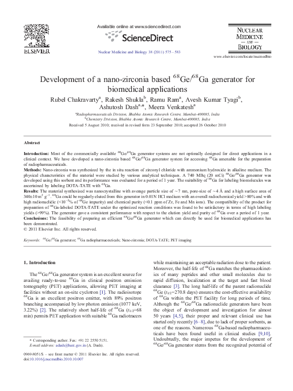 (PDF) Development of a nano-zirconia based 68Ge/68Ga generator for ...