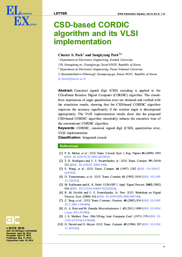 Pdf Csd Based Cordic Algorithm And Its Vlsi Implementation