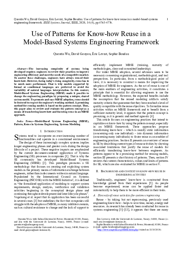 (PDF) Use of Patterns for Know-How Reuse in a Model-Based Systems Engineering Framework