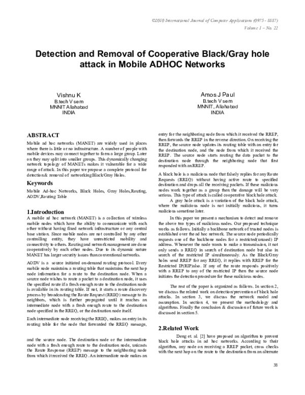 (PDF) Detection and Removal of Cooperative Black/Gray hole attack in ...