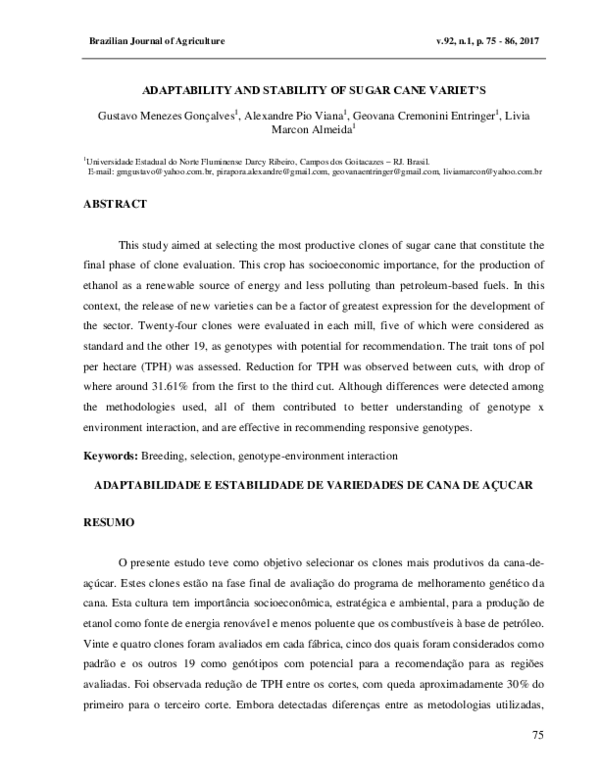 (PDF) Adaptability and Stability Studies in Sugar Cane Variety