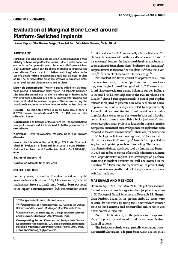 (PDF) Evaluation of Marginal Bone Level around Platform-Switched Implants