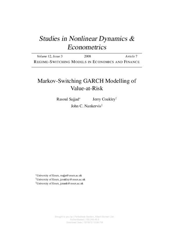 Pdf Markov Switching Garch Modelling Of Value At Risk