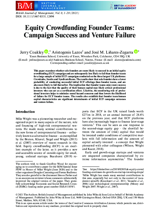 (PDF) Equity Crowdfunding Founder Teams: Campaign Success and Venture ...