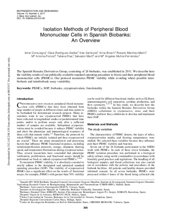 (PDF) Isolation Methods of Peripheral Blood Mononuclear Cells in Spanish Biobanks: An Overview