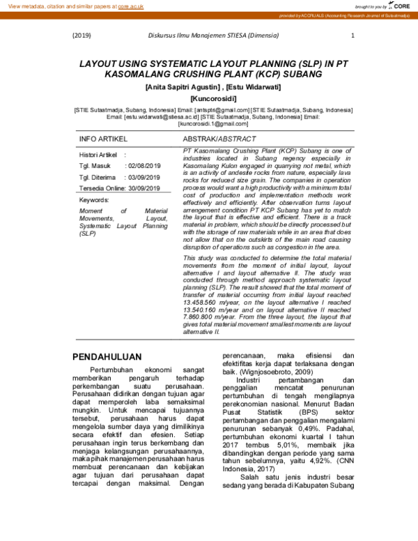 (PDF) Layout Using Systematic Layout Planning (SLP) in PT Kasomalang Crushing Plant (KCP) Subang ...