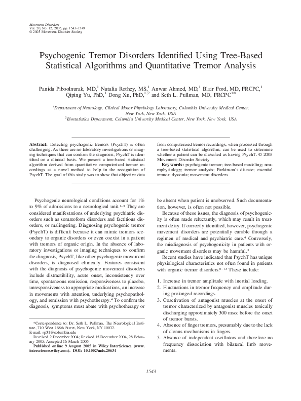 (PDF) Psychogenic tremor disorders identified using tree‐based statistical algorithms and ...