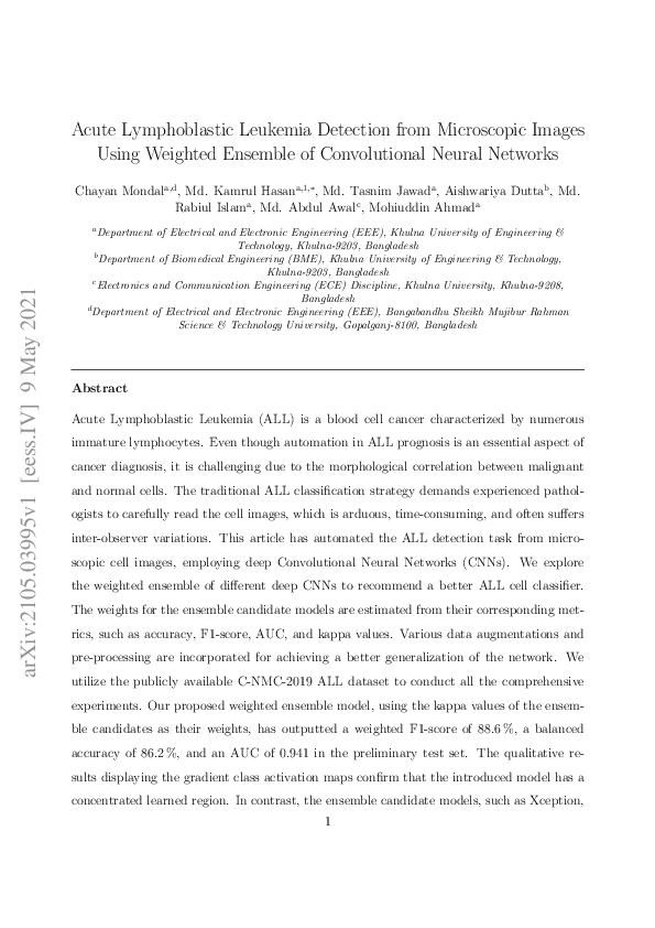 (PDF) Acute Lymphoblastic Leukemia Detection from Microscopic Images Using Weighted Ensemble of ...