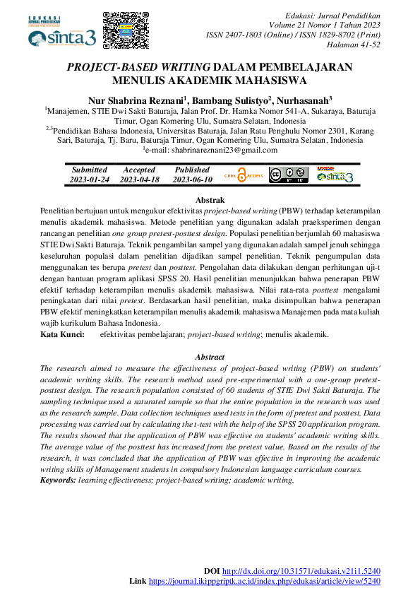 (PDF) PROJECT-BASED WRITING DALAM PEMBELAJARAN MENULIS AKADEMIK MAHASISWA