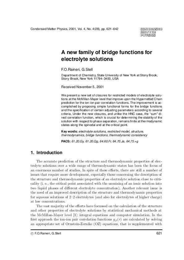 (PDF) A New Family of Bridge Functions for Electrolyte Solutions
