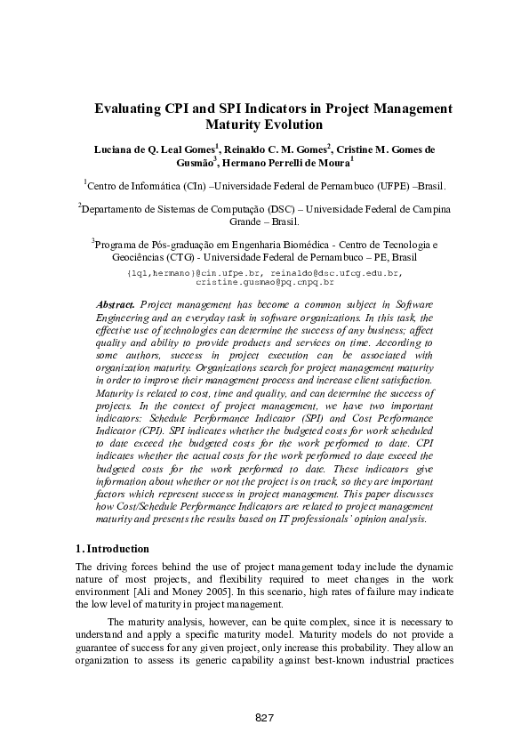 (PDF) Evaluating CPI and SPI Indicators in Project Management Maturity ...