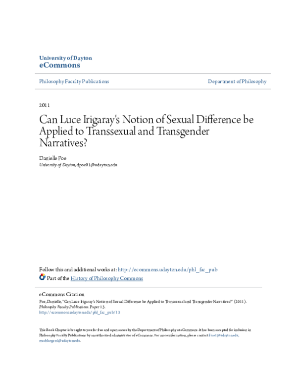 (PDF) Can Luce Irigaray\u27s Notion of Sexual Difference be Applied to Transsexual and ...