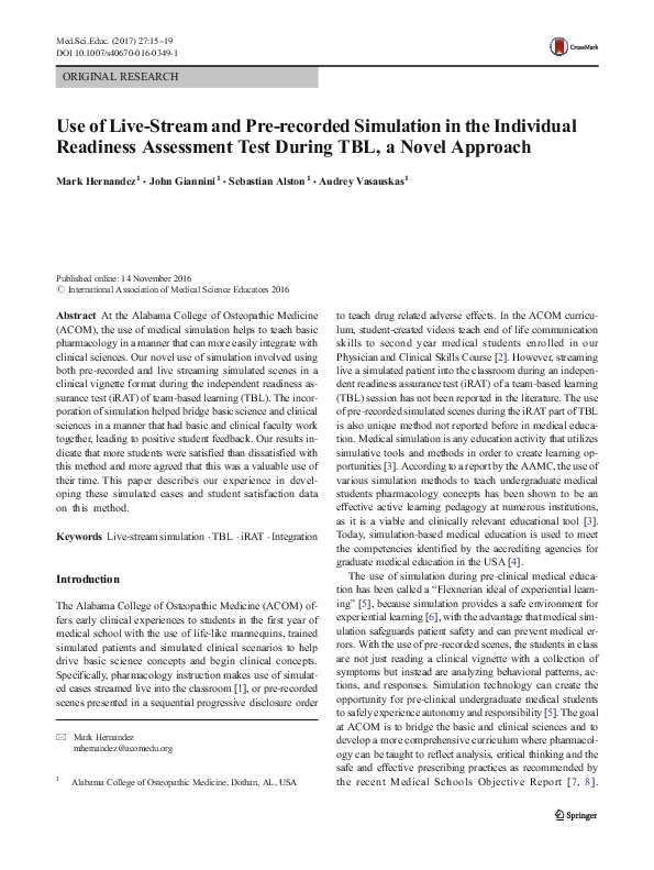 (PDF) Use of Live-Stream and Pre-recorded Simulation in the Individual ...