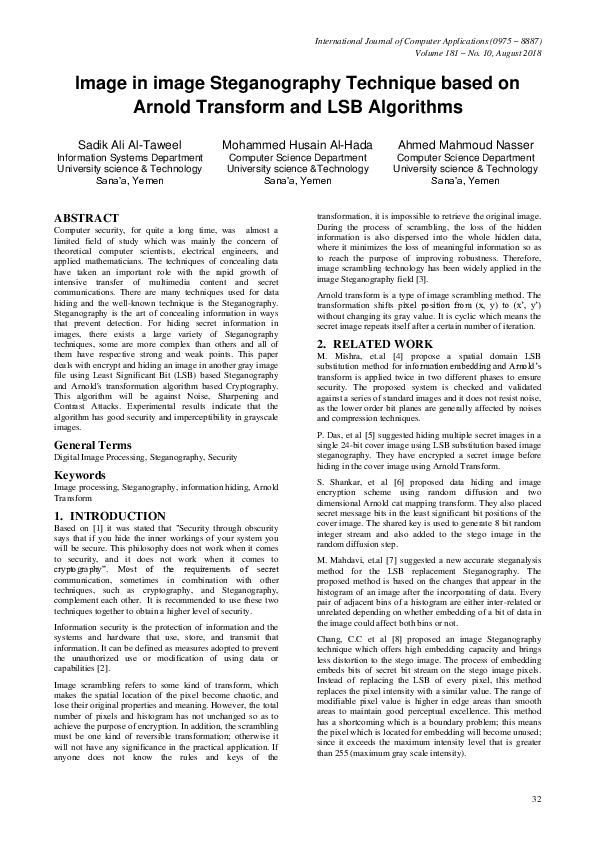 (PDF) Image in image Steganography Technique based on Arnold Transform and LSB Algorithms
