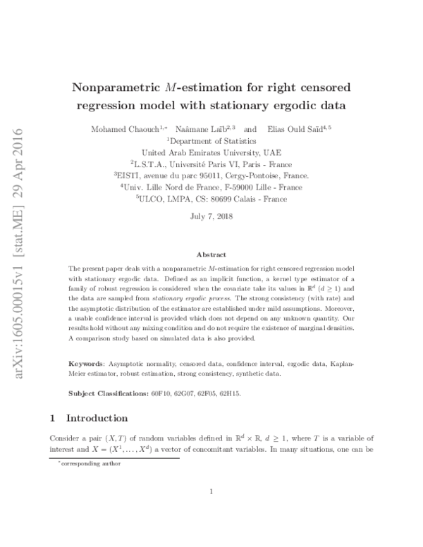Pdf Nonparametric M Estimation For Right Censored Regression Model With Stationary Ergodic