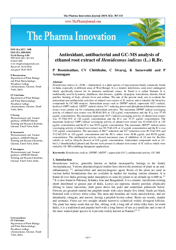 (PDF) Antioxidant, antibacterial and GC-MS analysis of methanol root extract of Hemidesmus ...