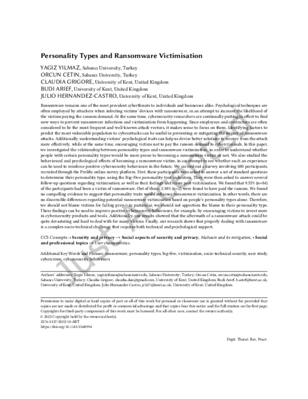 (PDF) Personality Types and Ransomware Victimisation