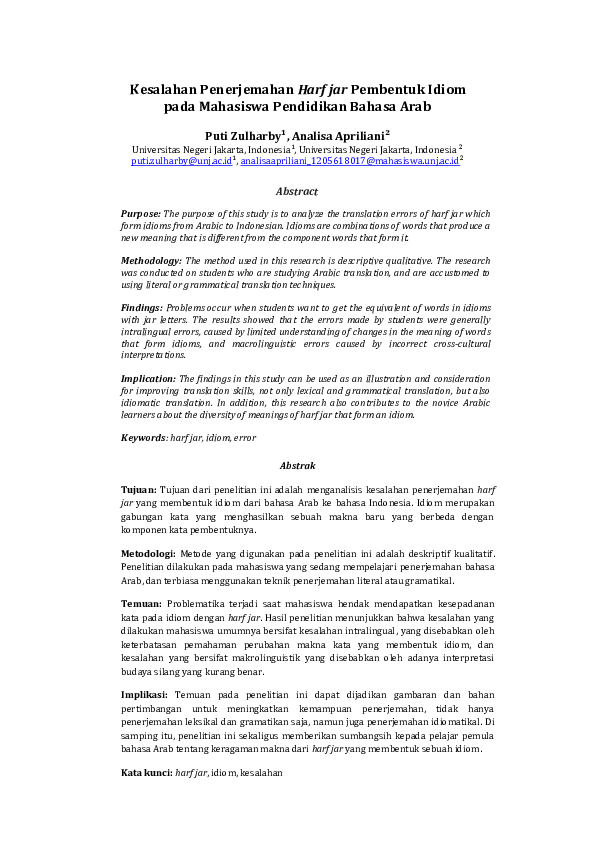 (PDF) Kesalahan Penerjemahan Harf jar Pembentuk Idiom pada Mahasiswa ...