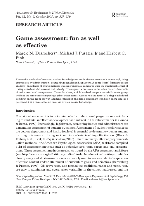 (PDF) Game assessment: fun as well as effective