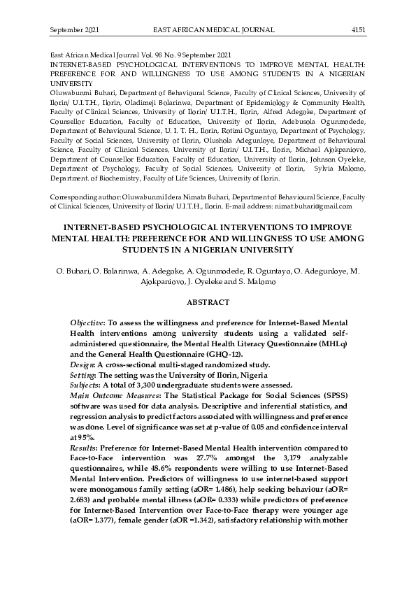 (PDF) INTERNET-BASED PSYCHOLOGICAL INTERVENTIONS TO IMPROVE MENTAL HEALTH: PREFERENCE FOR AND ...