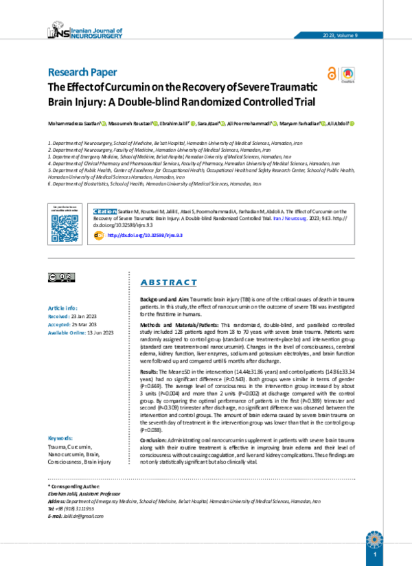 (PDF) Research Paper The Effect of Curcumin on the Recovery of Severe Traumatic Brain Injury: A ...