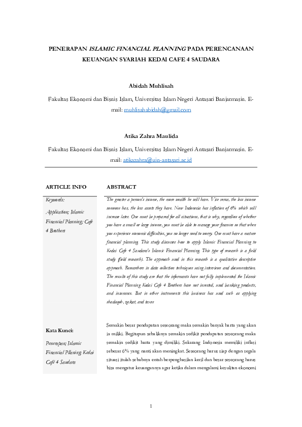 (PDF) PENERAPAN ISLAMIC FINANCIAL PLANNING PADA PERENCANAAN KEUANGAN ...