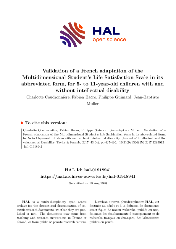 (PDF) Validation of a French adaptation of the Multidimensional Student’s Life Satisfaction ...
