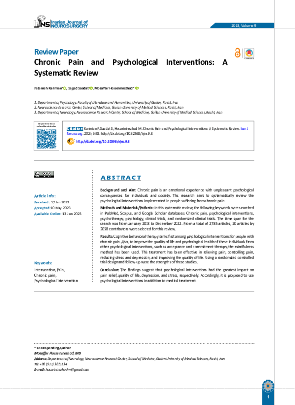 (PDF) Review Paper Chronic Pain and Psychological Interventions: A ...