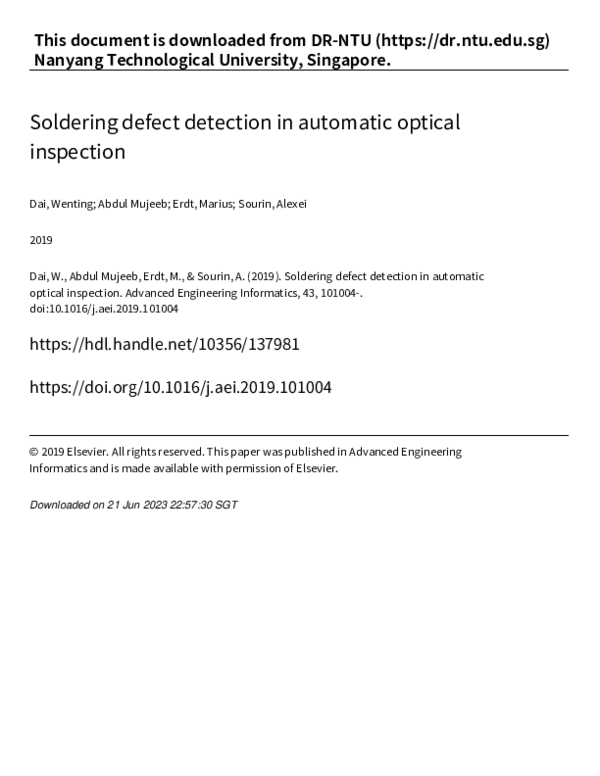 Pdf Soldering Defect Detection In Automatic Optical Inspection