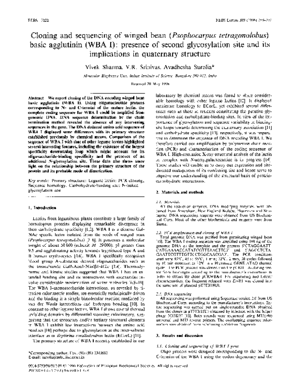 (PDF) Cloning and sequencing of winged bean (Psophocarpus tetragonolobus) basic agglutinin (WBA ...