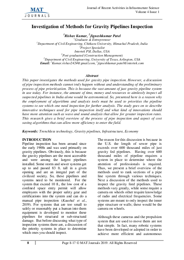 (PDF) Investigation of Methods for Gravity Pipelines Inspection