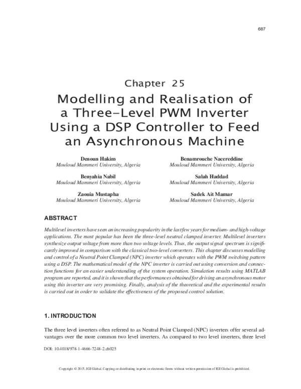 Pdf Modelling And Realisation Of A Three Level Pwm Inverter Using A Dsp Controller To Feed An