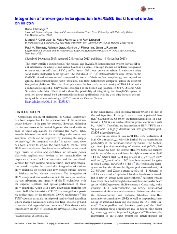 (PDF) Integration of broken-gap heterojunction InAs/GaSb Esaki tunnel ...