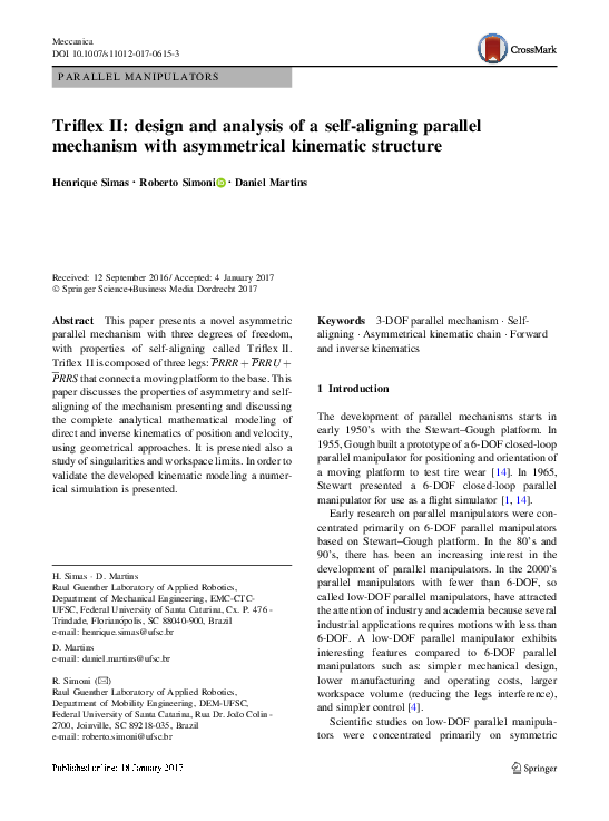 (PDF) Triflex II: design and analysis of a self-aligning parallel mechanism with asymmetrical ...