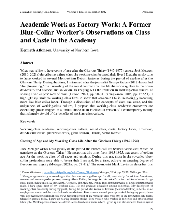 (PDF) Academic Work as Factory Work: A Former Blue-Collar Worker's ...