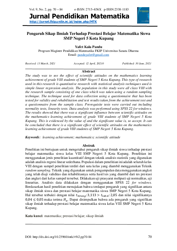 (PDF) Pengaruh Sikap Ilmiah Terhadap Prestasi Belajar Matematika Siswa SMP Negeri 5 Kota Kupang