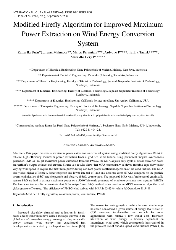 (PDF) Modified Firefly Algorithm for Improved Maximum Power Extraction on Wind Energy Conversion ...