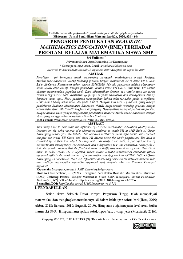 (PDF) Pengaruh Pendekatan Realistic Mathematics Education (Rme) Terhadap Prestasi Belajar ...