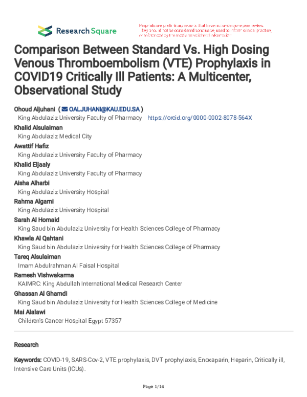 (PDF) Comparison Between Standard Vs. High Dosing Venous Thromboembolism (VTE) Prophylaxis in ...