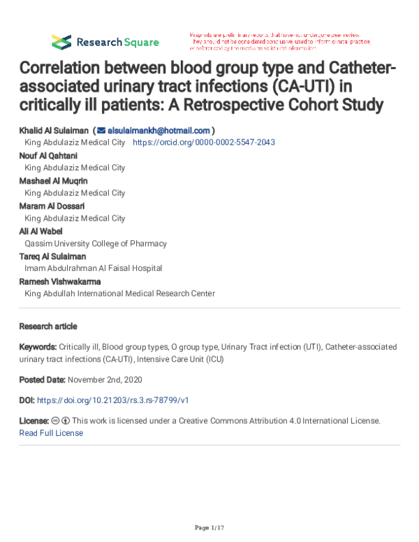 (PDF) Correlation between blood group type and Catheter-associated ...