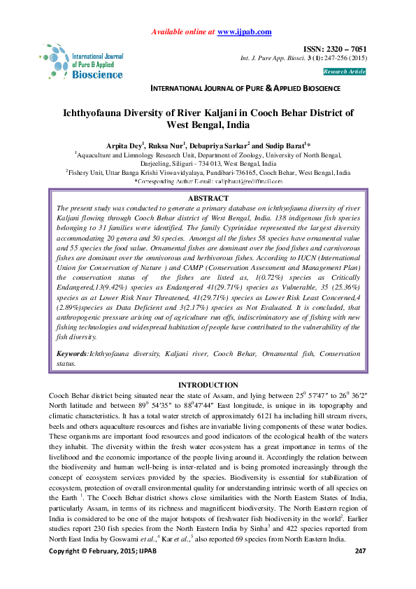 (PDF) Ichthyofauna Diversity of River Kaljani in Cooch Behar District ...