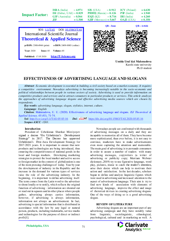 (PDF) Effectiveness of Advertising Language and Slogans