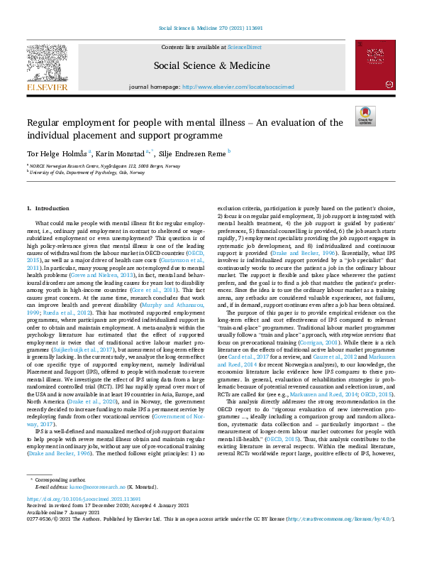 (PDF) Regular employment for people with mental illness – An evaluation of the individual ...
