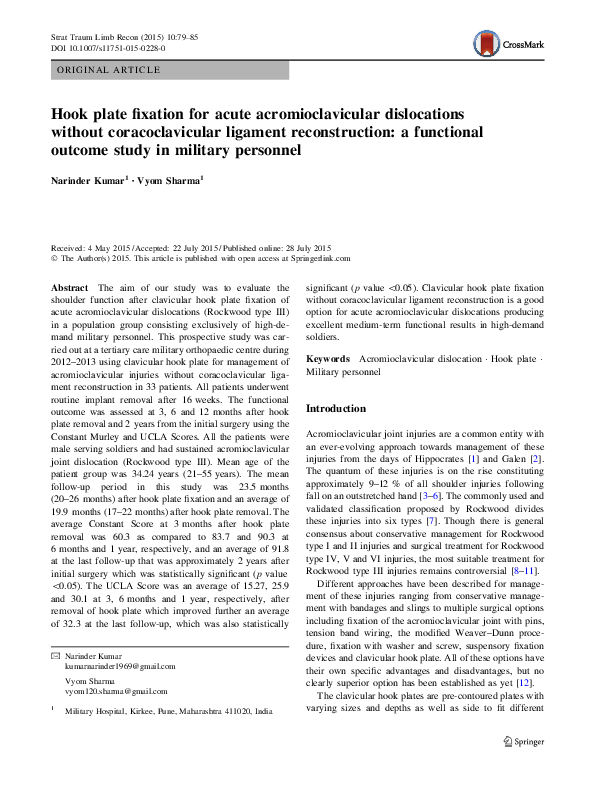 (PDF) Hook plate fixation for acute acromioclavicular dislocations ...