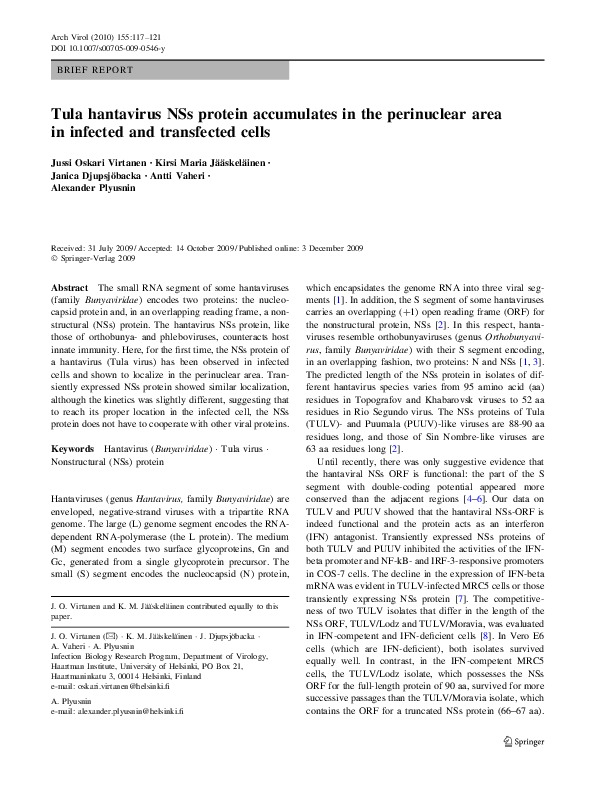 (PDF) Tula hantavirus NSs protein accumulates in the perinuclear area ...