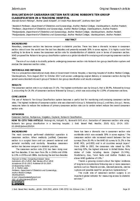 (PDF) Evaluation of Caesarean Section Rate Using Robson’s Ten Group ...