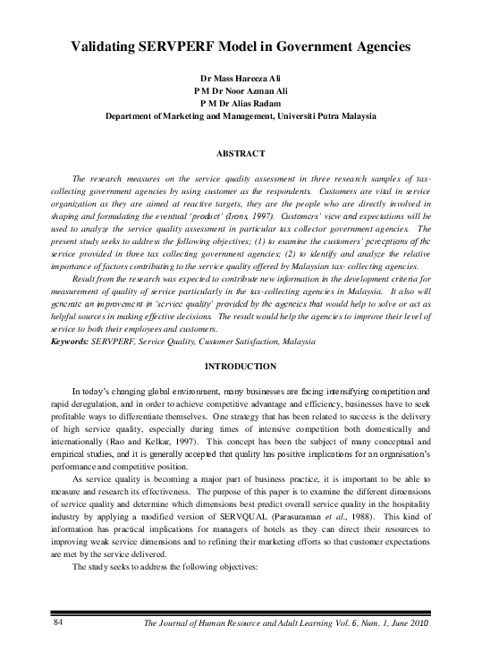 (PDF) Validating SERVPERF Model in Government Agencies
