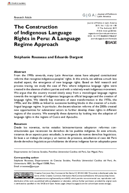 (PDF) The Construction of Indigenous Language Rights in Peru: A ...