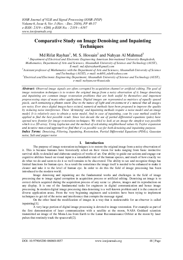 (PDF) Comparative Study on Image Denoising and Inpainting Techniques